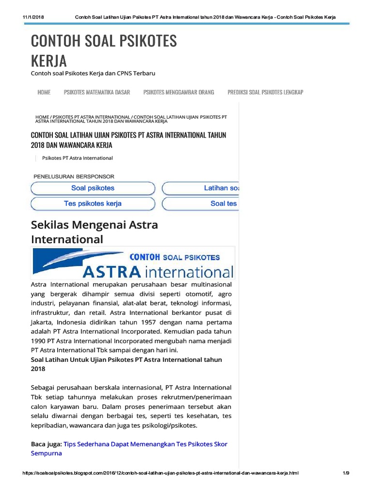Contoh Soal Latihan Ujian Psikotes PT Astra International Tahun 2018 ...