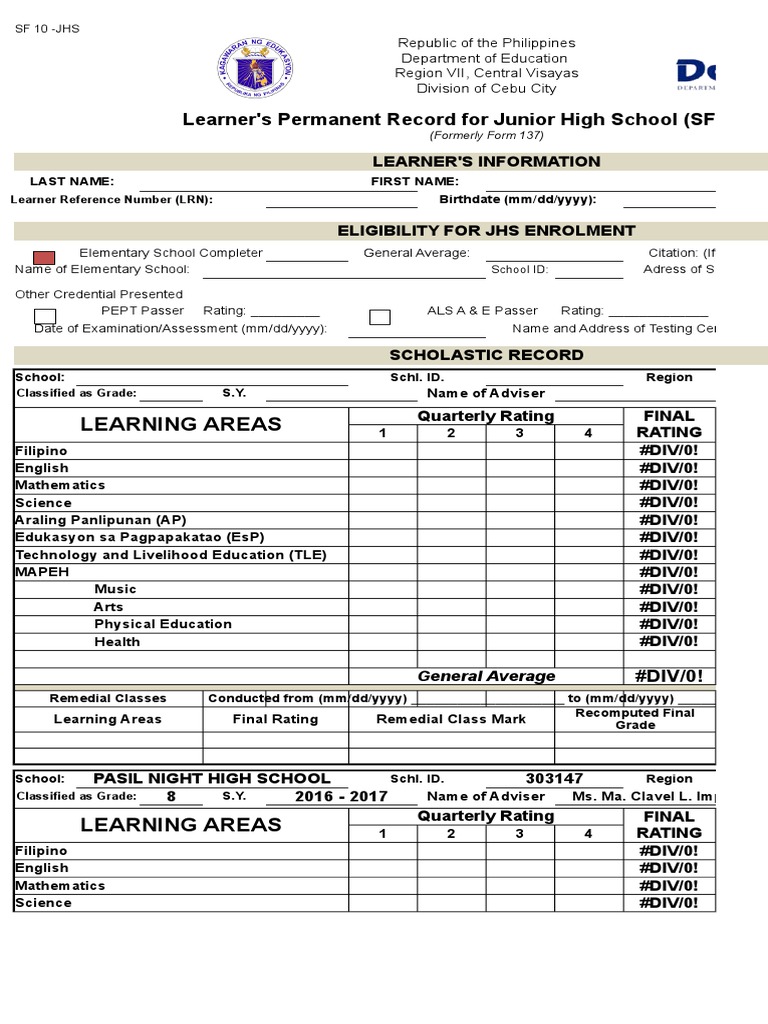 Blank Sf10 Atay | PDF | Cognition | Behavior Modification