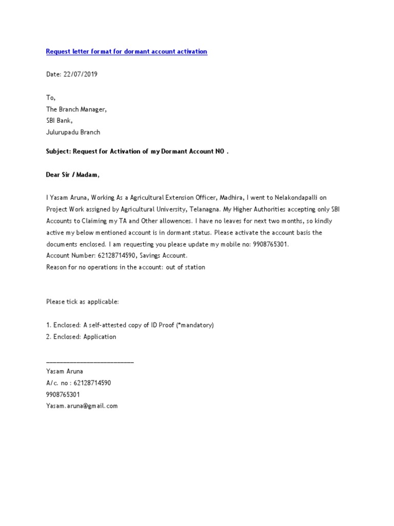 Request Letter Format For Dormant Account Activation | PDF