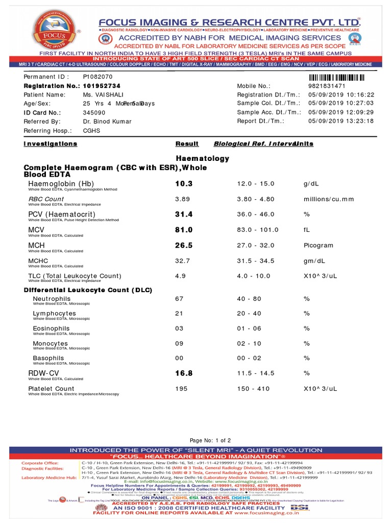 Complete Blood Count and Differential Test Results for Ms. Vaishali ...