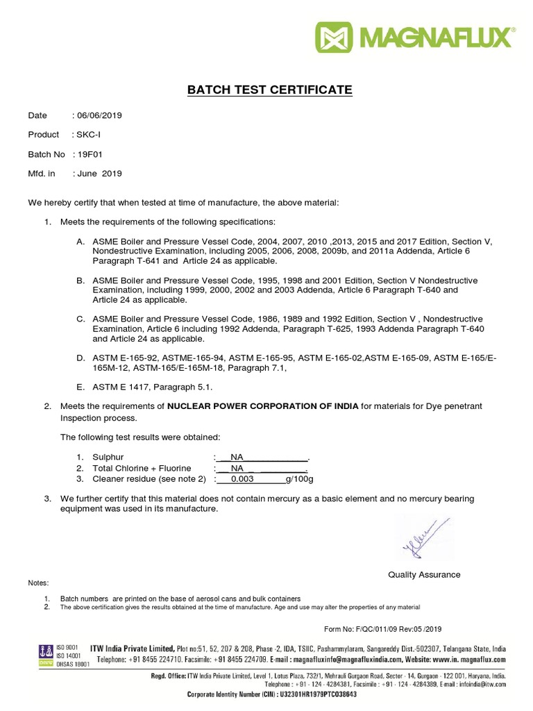 Batch Test Certificate: Notes: 1. Batch Numbers Are Printed On The Base ...