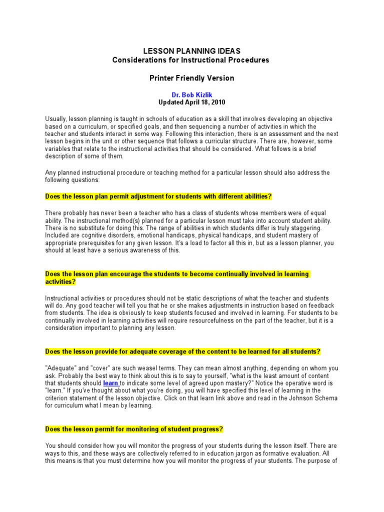 Lesson Planning Ideas | PDF | Teachers | Curriculum