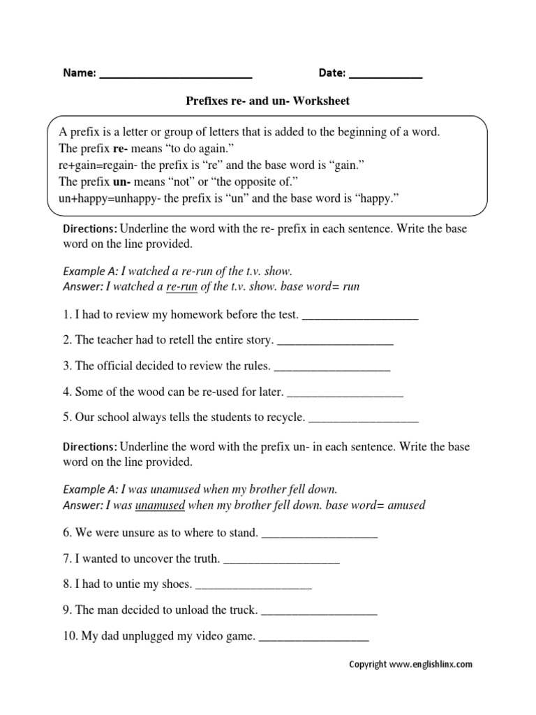 Prefixes Re and Un Worksheet | PDF