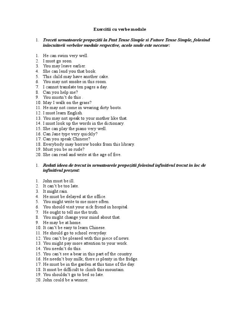 Exercitii Cu Verbe Modale | PDF | Grammatical Tense | Grammar
