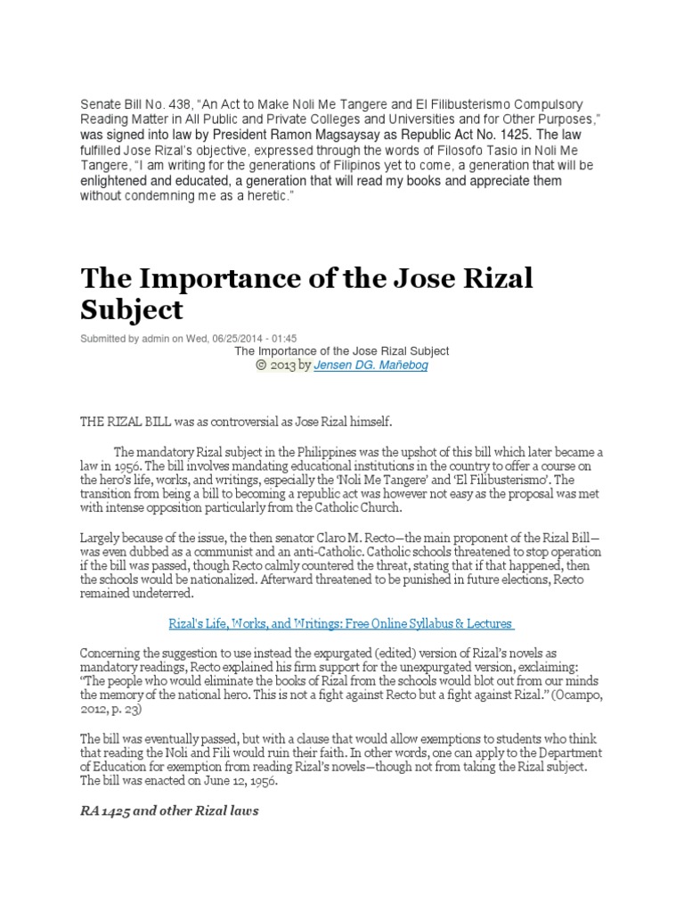 The Importance of The Jose Rizal Subject: Submitted by Admin On Wed, 06 ...