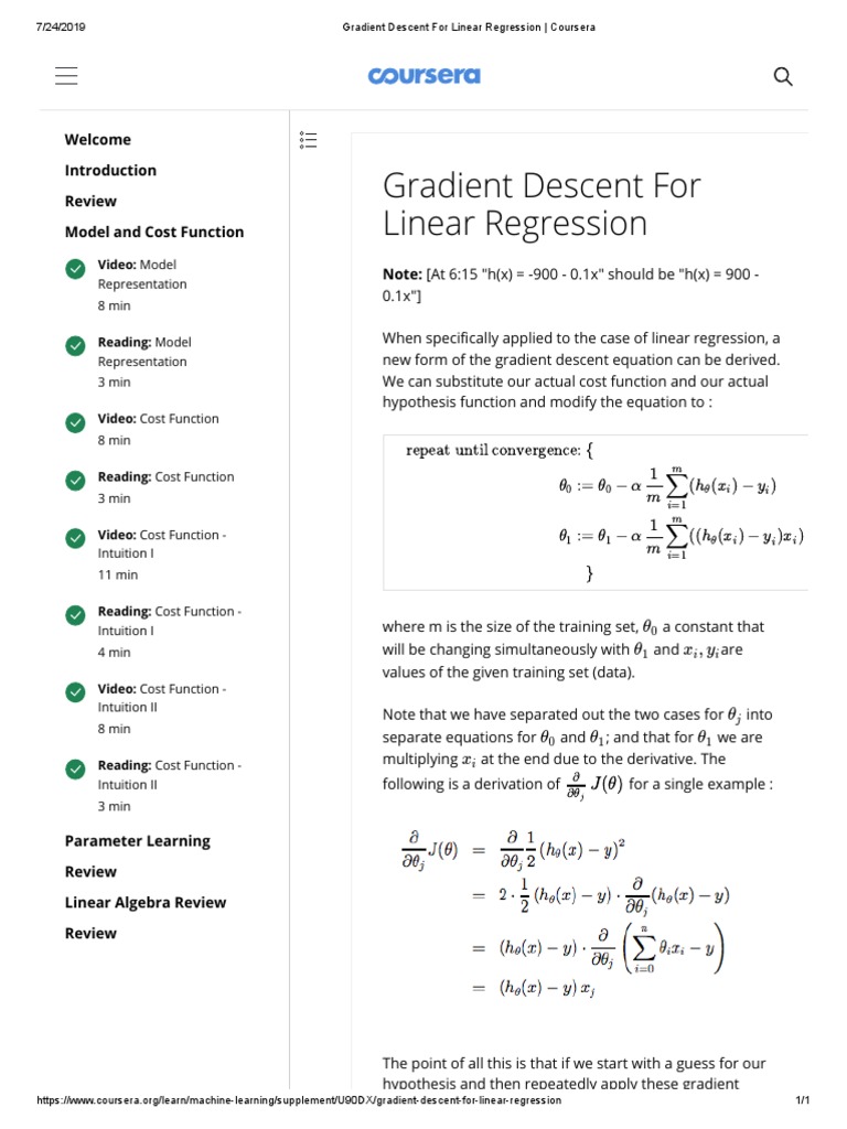 Gradient Descent For Linear Regression Coursera Pdf Loss Function Regression Analysis