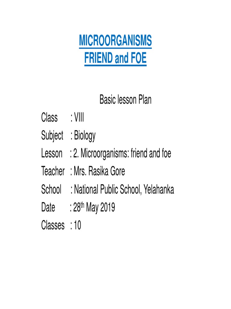 Basic Lesson Plan Class 8 Microorganism Friend and Foe | PDF ...