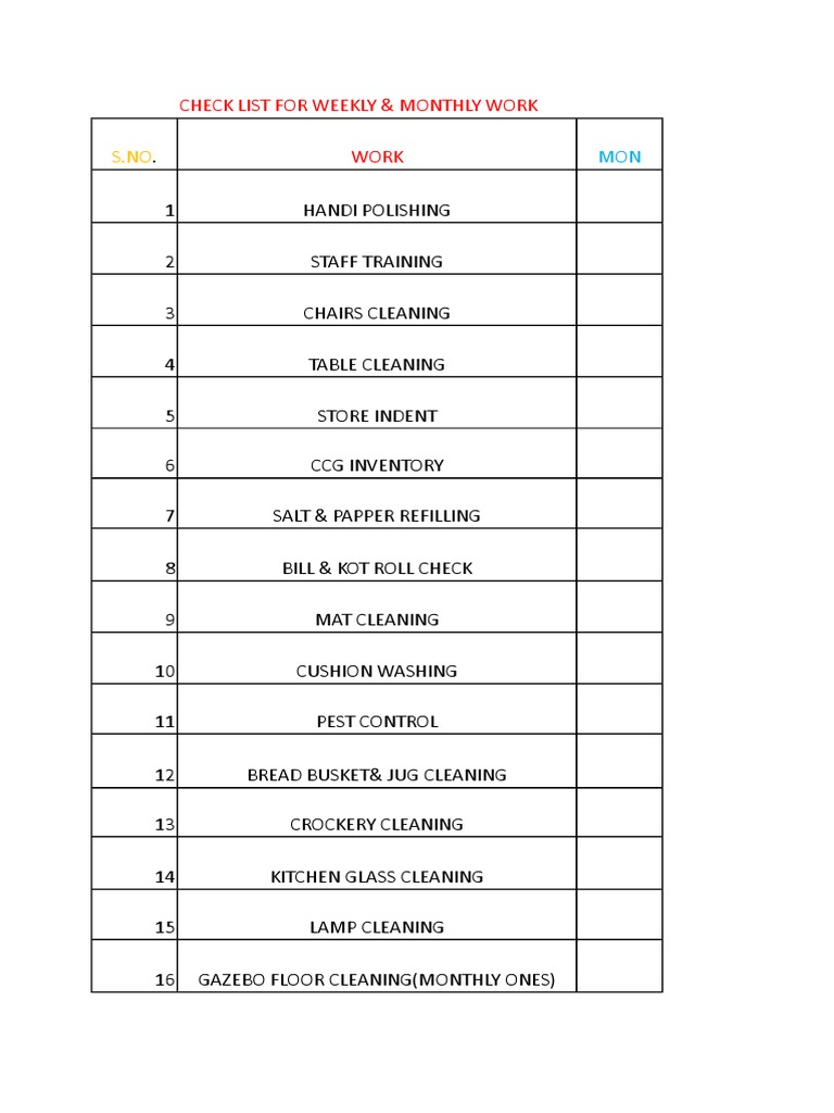 Weekly & Monthly Work Checklist for Restaurant Staff | PDF