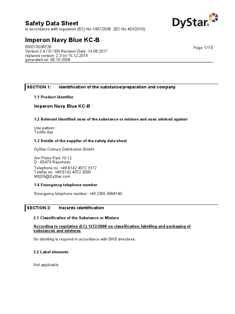Dystar Imperon Navy Blue KC-B | PDF | Dangerous Goods | Toxicity
