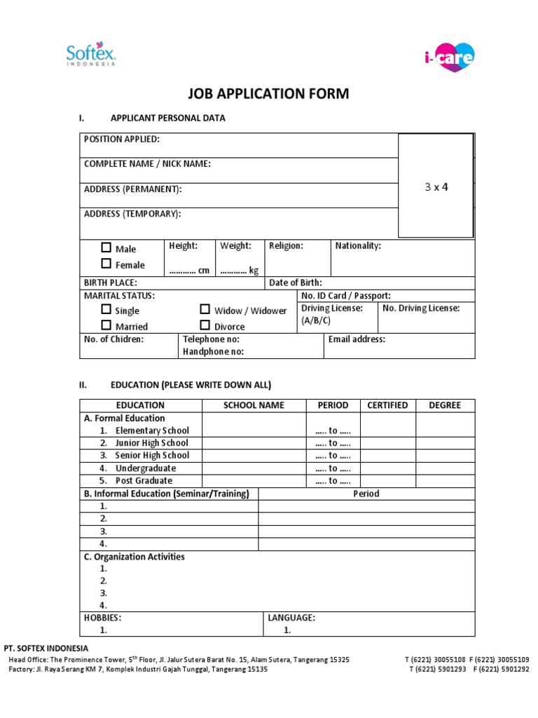 Job Application Form - PT. Softex Indonesia | PDF | Social Institutions ...
