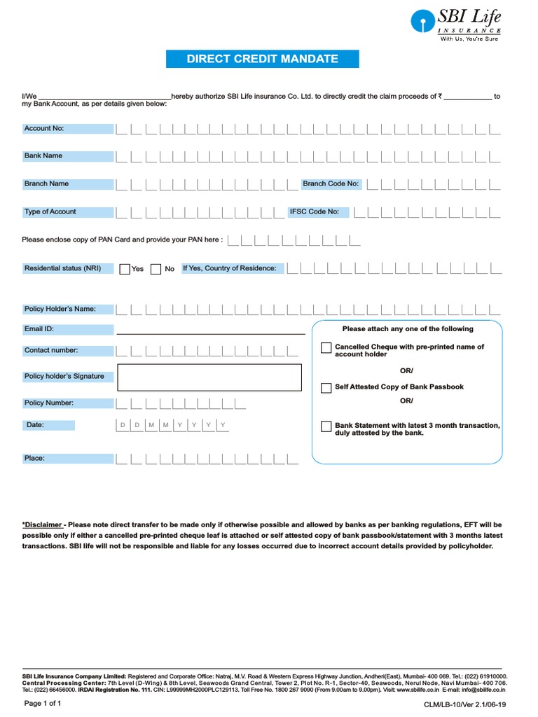 SBI Life Direct Credit Mandate Form | PDF | Banks | Insurance