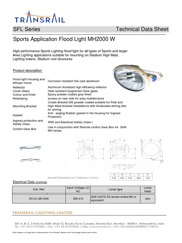 SFL Series Technical Data Sheet Sports Application Flood Light MH2000 W ...