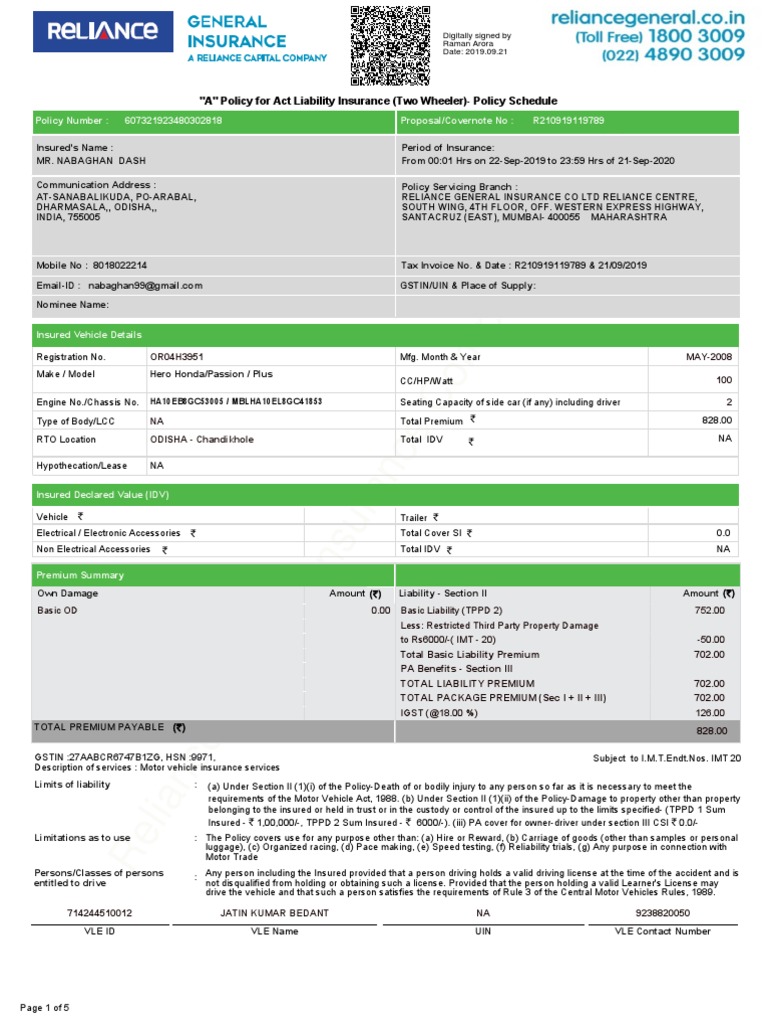 Reliance General Insurance Company Limited: "A" Policy For Act ...