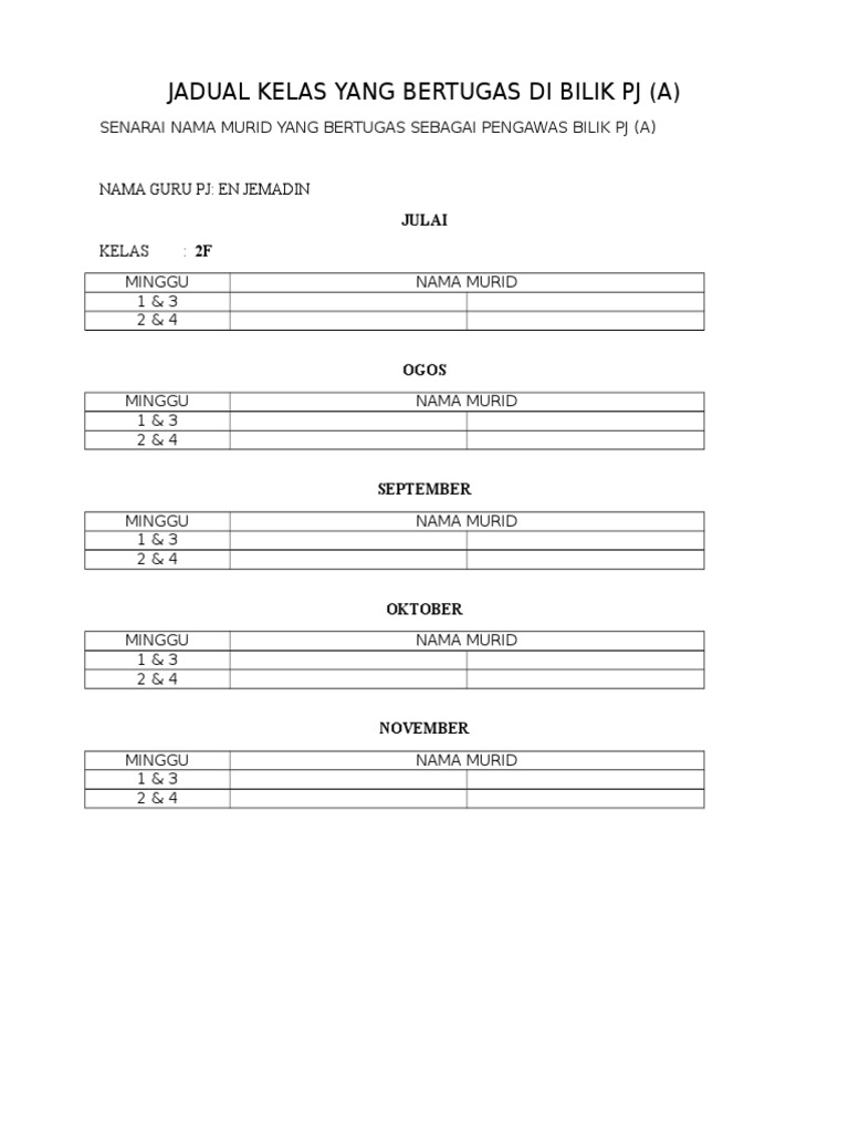 Jadual Pengawas Bilik PJ (A) | PDF