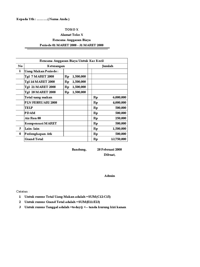 Contoh Rencana Anggaran Biaya Kas Kecil | PDF | Teknologi & Rekayasa