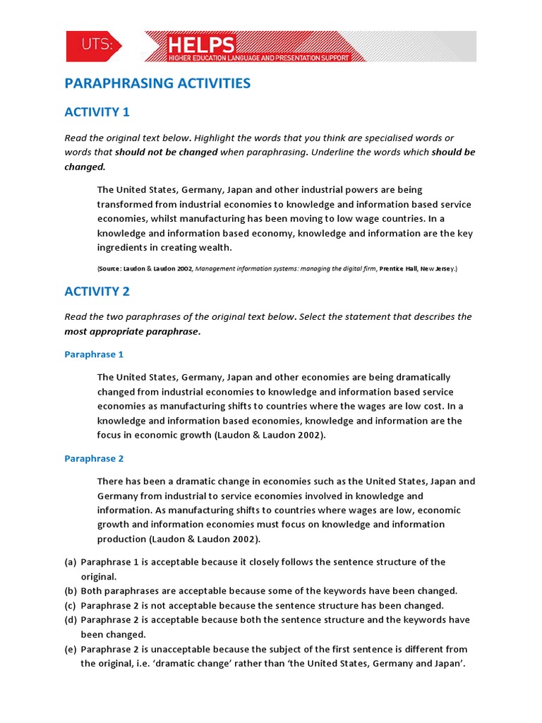 Paraphrasing Handout - Activities PDF | PDF | Economies | Business