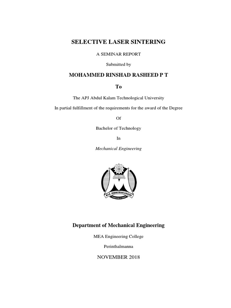 Selective Laser Sintering: Mohammed Rinshad Rasheed P T To | PDF ...
