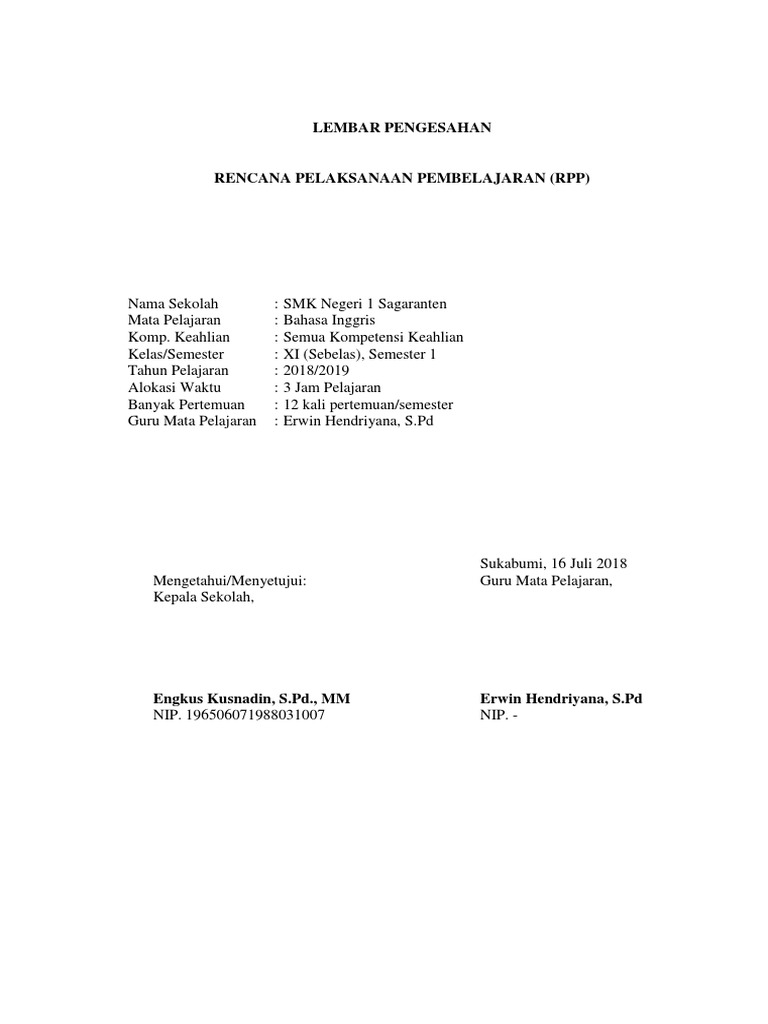 Format Lembar Pengesahan RPP | PDF