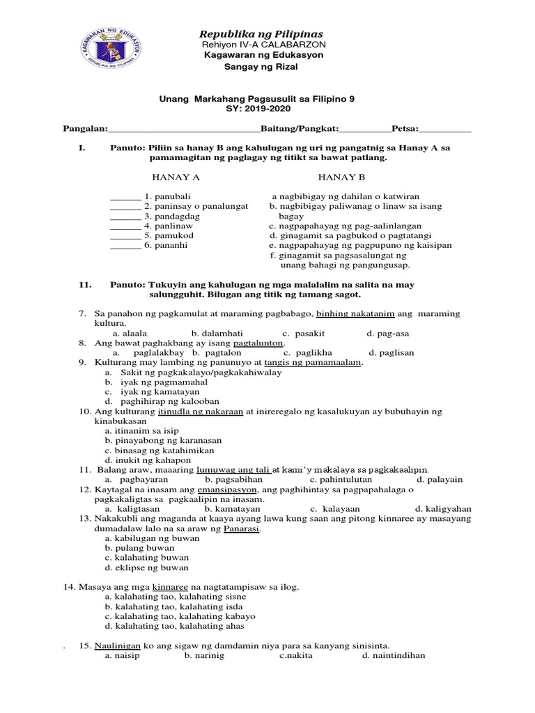 Fil - g9 1st Grading - EXAM - 2018 2019 1 | PDF