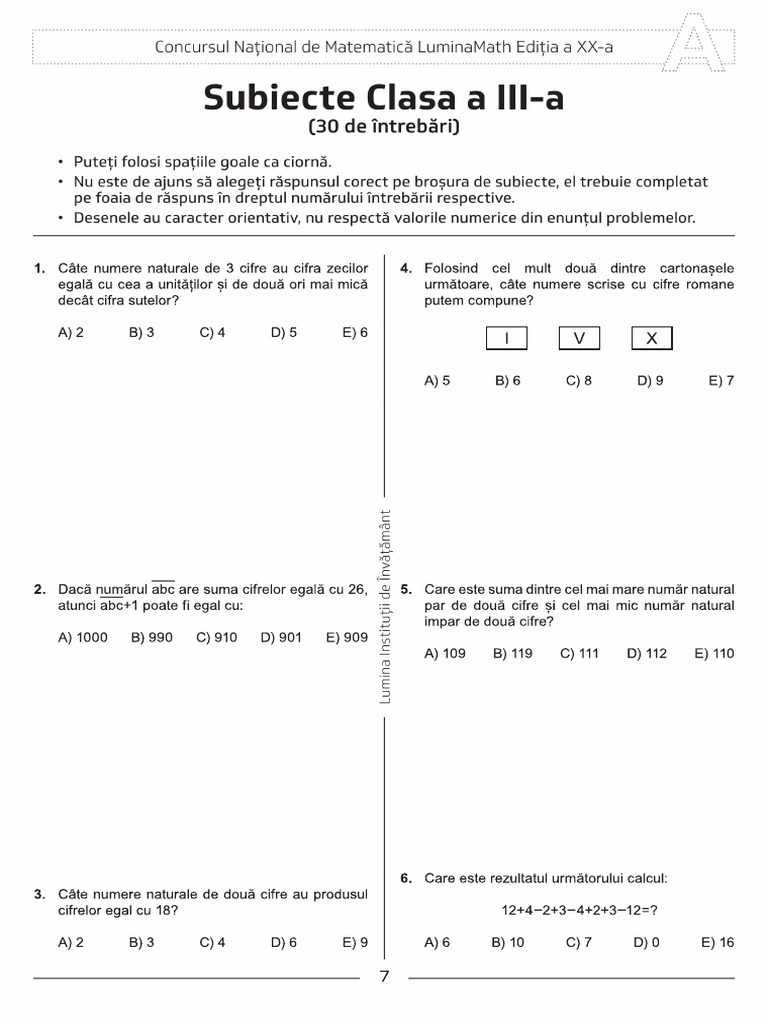 Subiecte Lumina Math - Clasa III - Editia XX | PDF