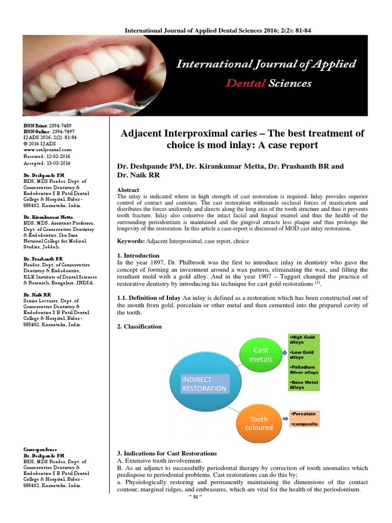 Adjacent Interproximal Caries - The Best Treatment of Choice Is Mod ...