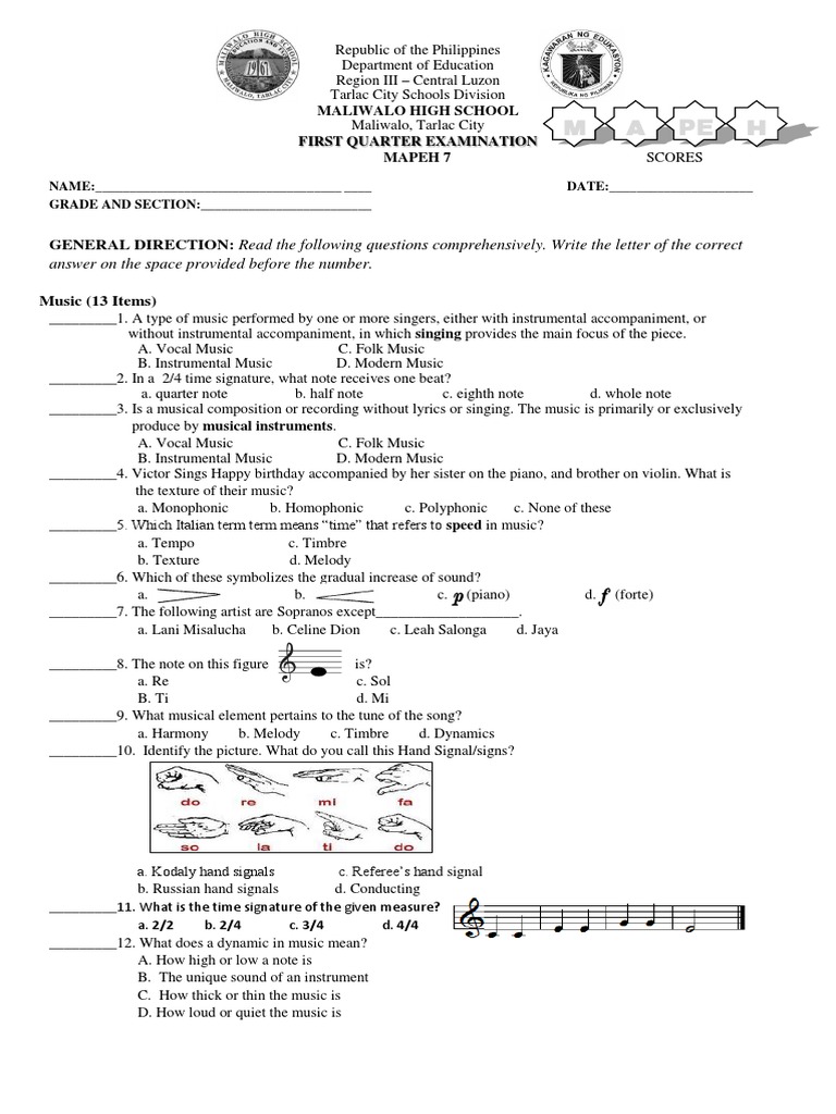 Unit Test Mapeh 7 | Color | Mental Health