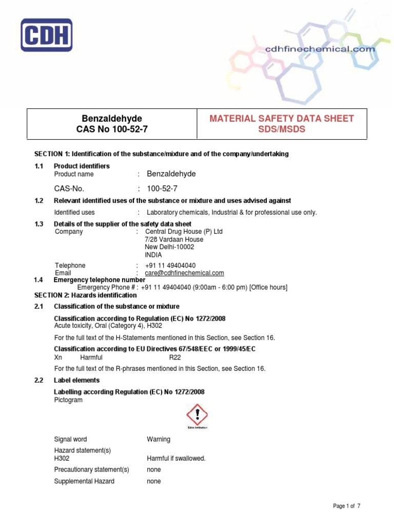 Benzaldehyde CAS No 100-52-7: Material Safety Data Sheet Sds/Msds | PDF ...