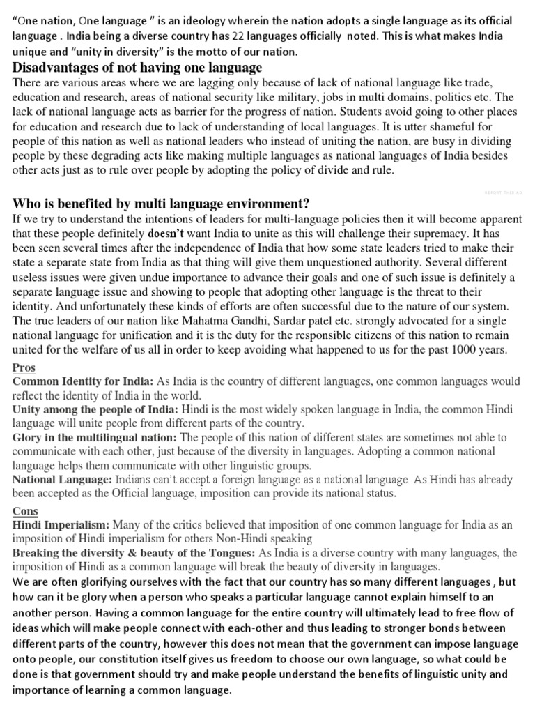 One Nation One Language Policy | PDF | Multiculturalism | Multilingualism