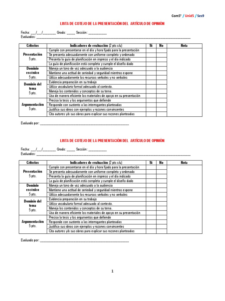 Lista de Cotejo de Presentación Del Artículo de Opinión | PDF | Cognición