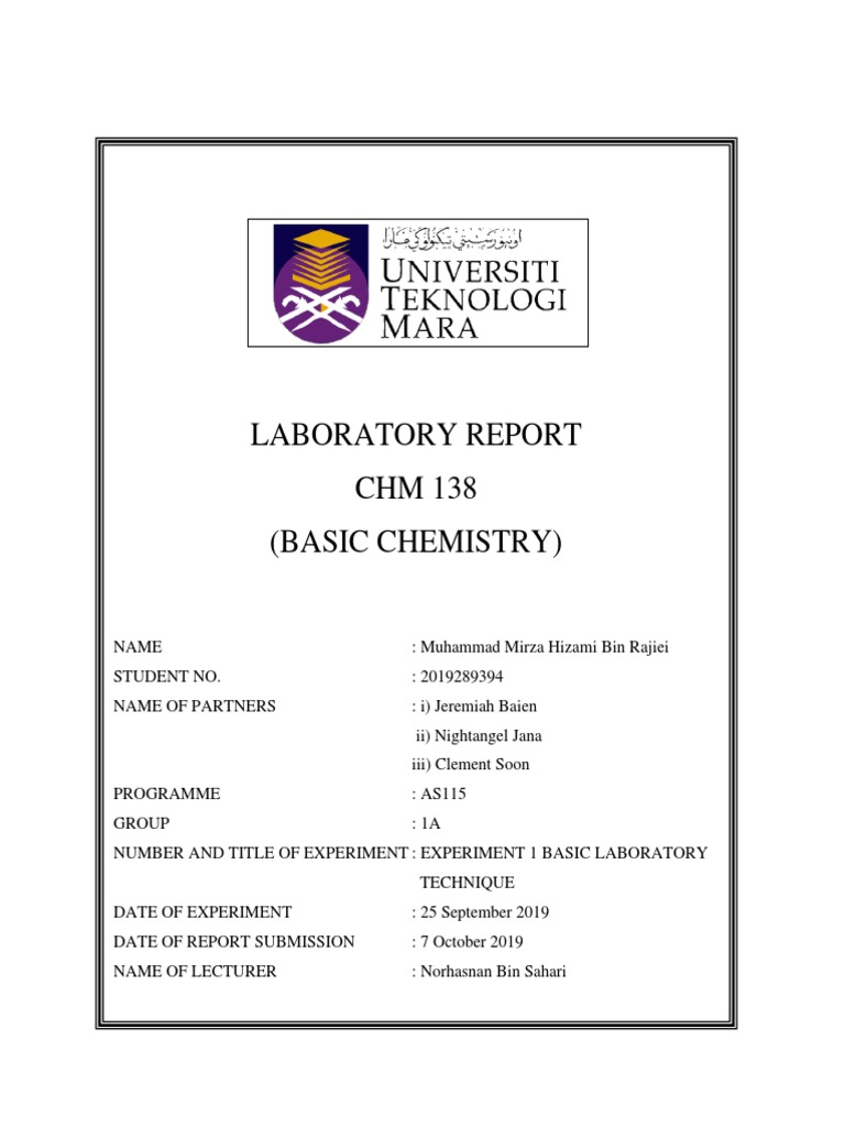 CHM 138 Basic Lab Techniques Report | PDF | Experiment | Physical Sciences