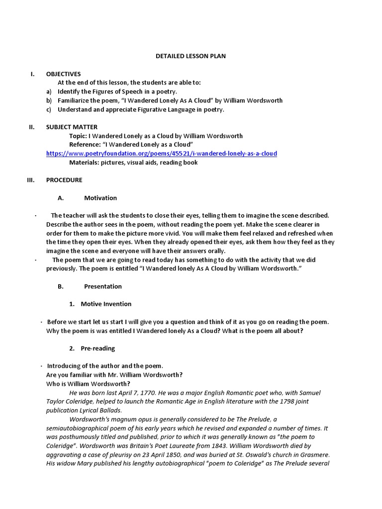 Detailed Lesson Plan Teaching Poetry | PDF | William Wordsworth | Poetry