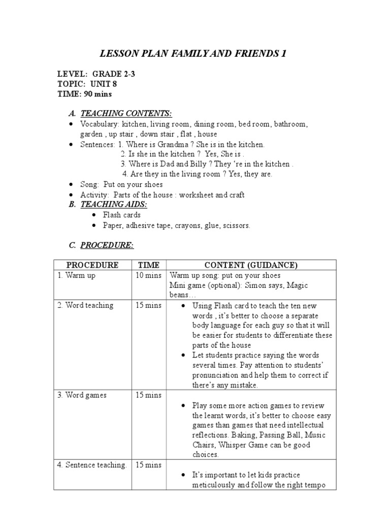 Lesson Plan Family and Friends 1: Level: Grade 2-3 Topic: Unit 8 TIME ...