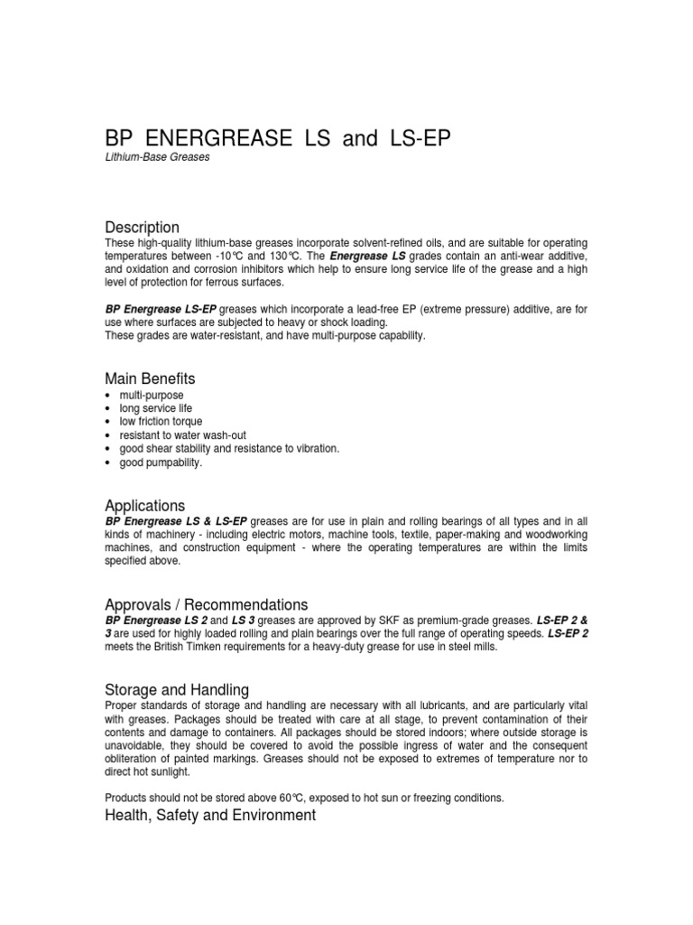 BP Energrease Ls and Ls-Ep: Description | PDF | Bearing (Mechanical ...