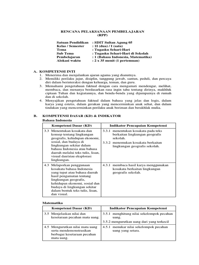 RPP KELAS 2 Tema 3 Subtema 2 Pembelajaran 1 | PDF