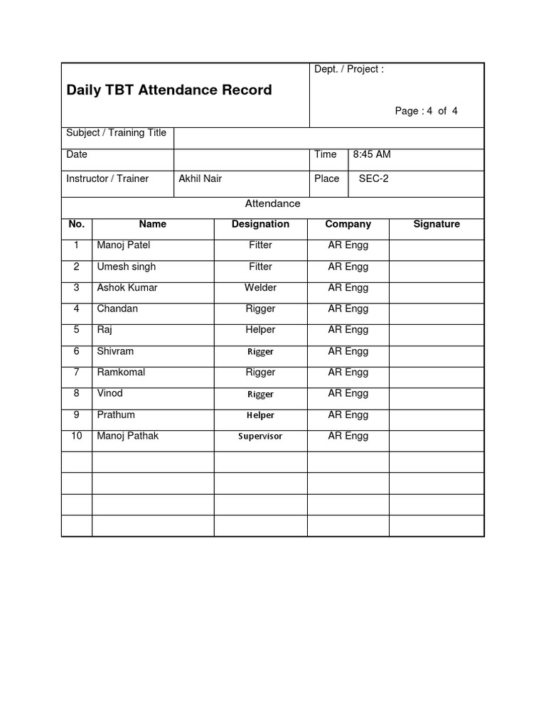Daily TBT Attendance Record 4 | PDF