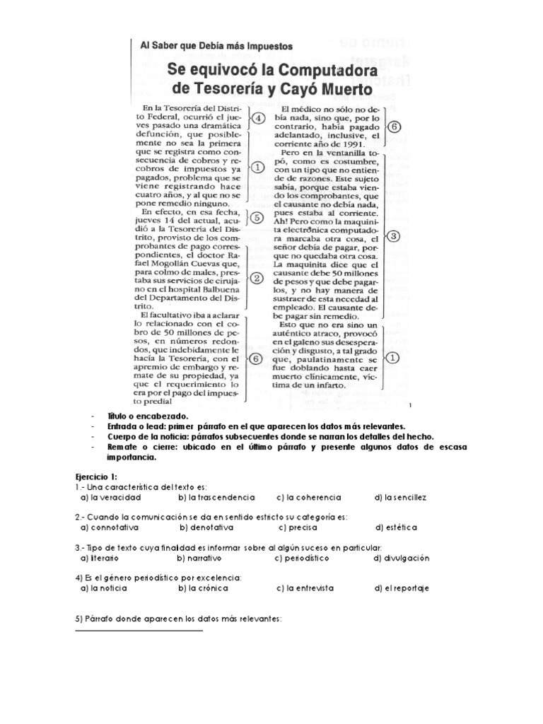 Ejercicios de Literatura Sobre La Estructura Del Texto | PDF