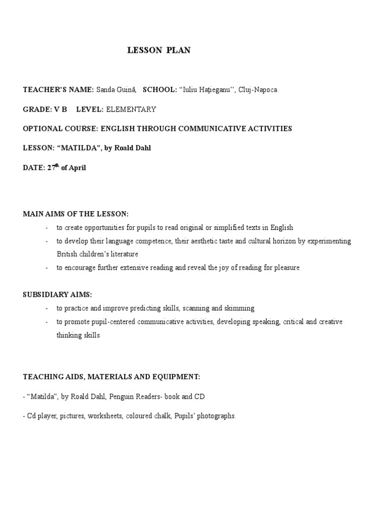 Matilda Lesson Plan for Elementary Students | PDF | Reading ...