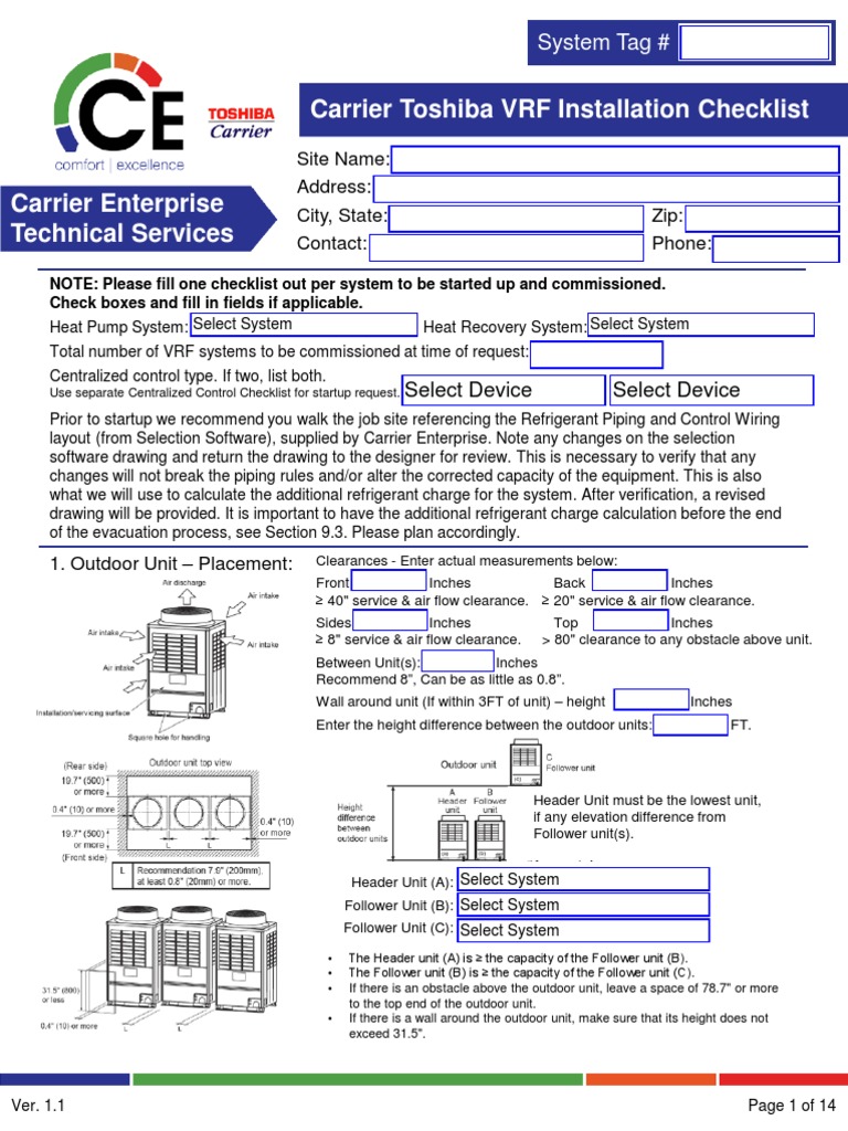 Carrier VRF Installation Checklist | PDF | Electrical Wiring | Duct (Flow)