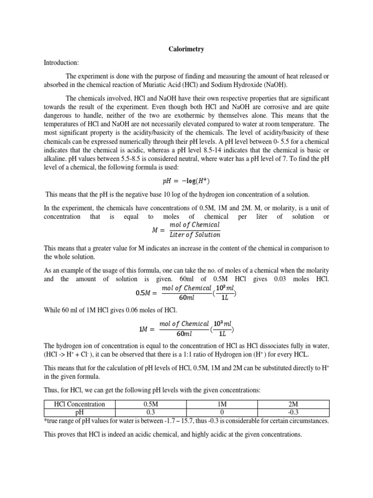 Lab Report 3 Calorimetry Introduction | PDF | Ph | Hydrochloric Acid