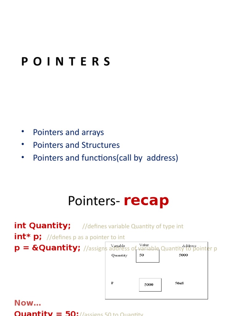 Pointers: - Pointers and Arrays - Pointers and Structures - Pointers and Functions (Call by ...