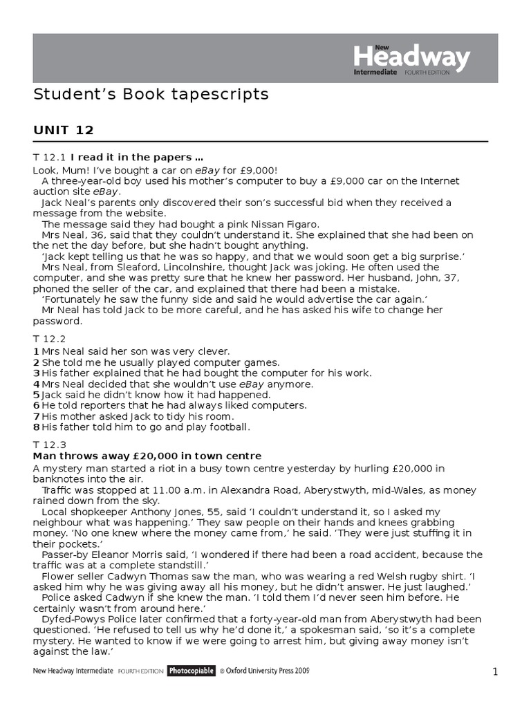 Student's Book Tapescripts: Unit 12 | PDF | E Bay