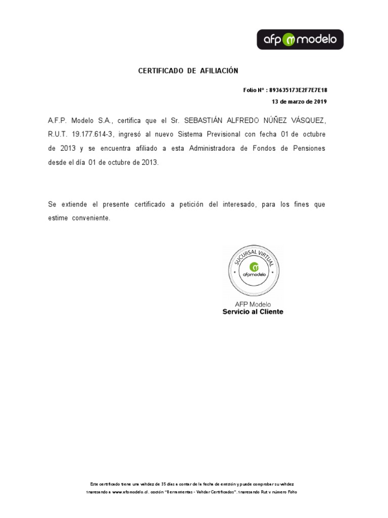 Certificado de Afiliacion Afp Modelo | PDF