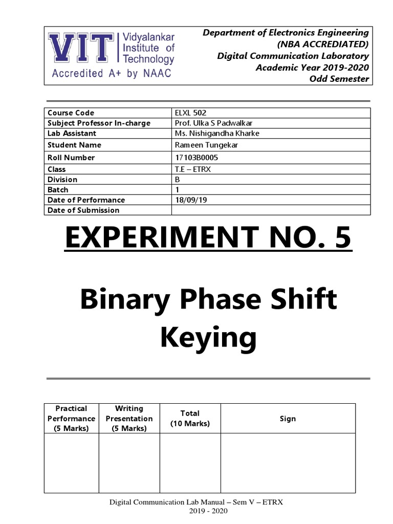 Experiment No. 5: Binary Phase Shift Keying | PDF | Modulation ...