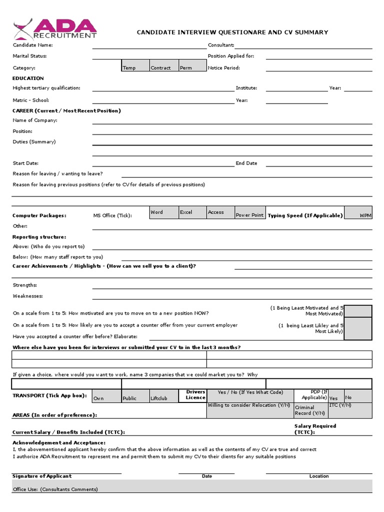 ADA Interview Candidate Summary Form | PDF | Labour | Business