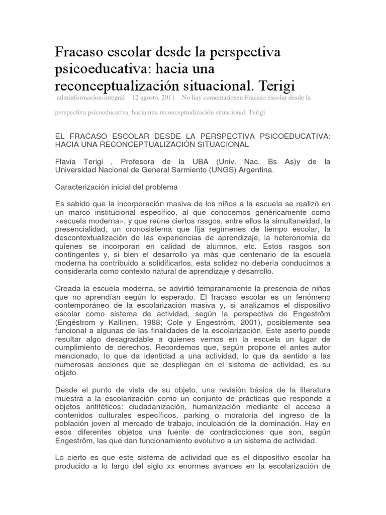 Terigi El Fracaso Escolar Perspectiva Psicoeducativa | PDF | Sicología | Conocimiento