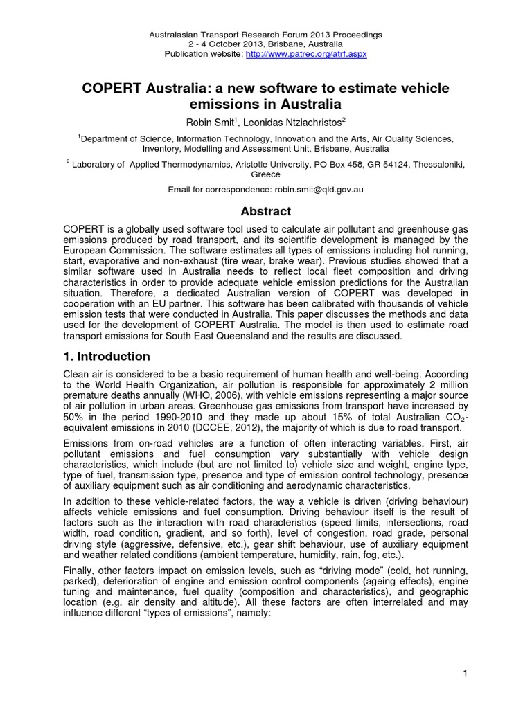COPERT Australia: A New Software To Estimate Vehicle Emissions in ...