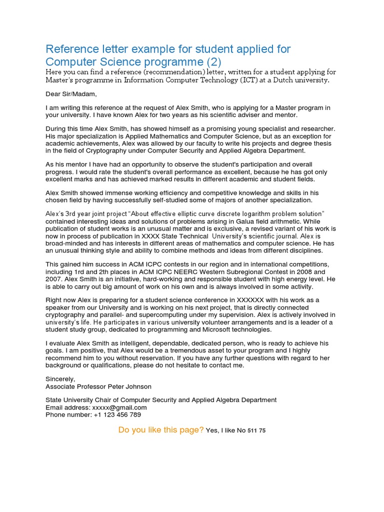 Reference Letter Example For Student Applied For Computer Science ...