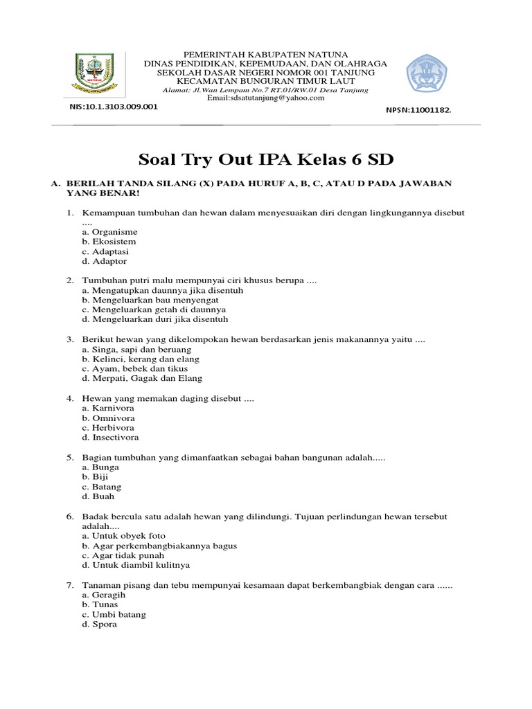Soal Try Out IPA Kelas 6 SD | PDF | Perjalanan | Sains & Matematika