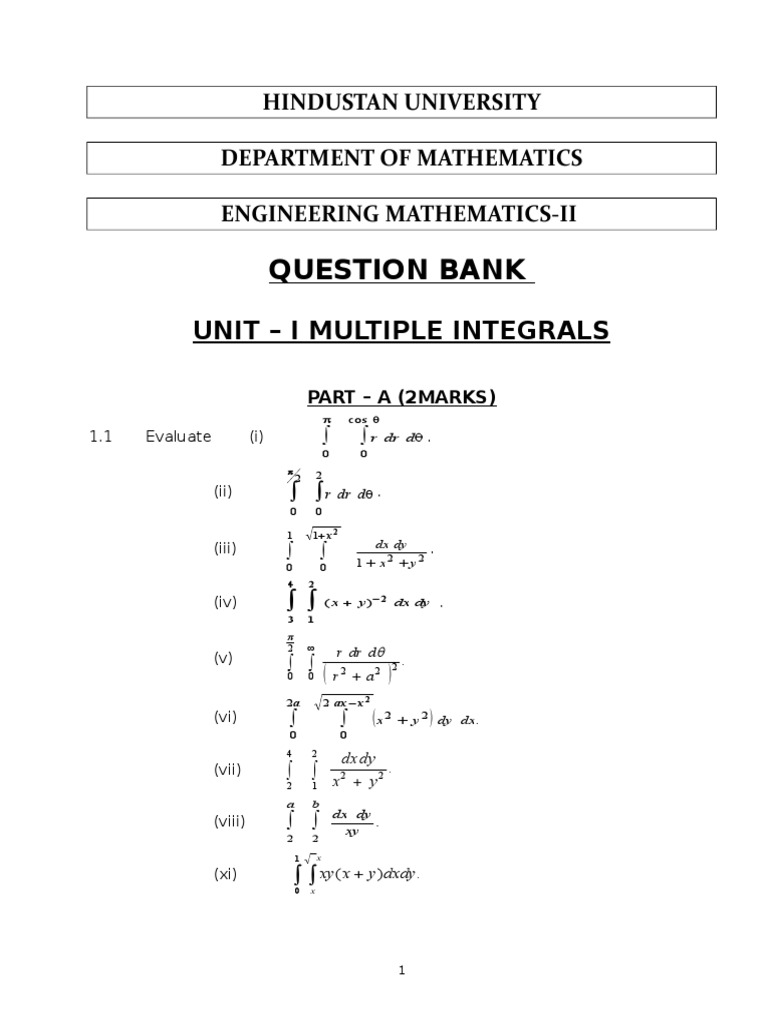 Question Bank: Unit - I Multiple Integrals | PDF | Manifold | Sphere