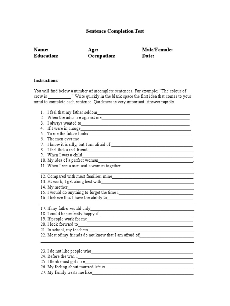 Sentence Completion Test: Instructions | PDF | Self-Improvement